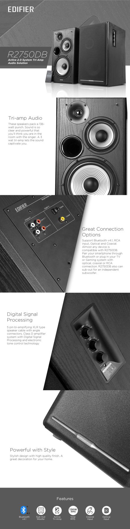 Studio Monitor Speaker Edifier R2750DB Active 2.0 System with Tri-Amp ...