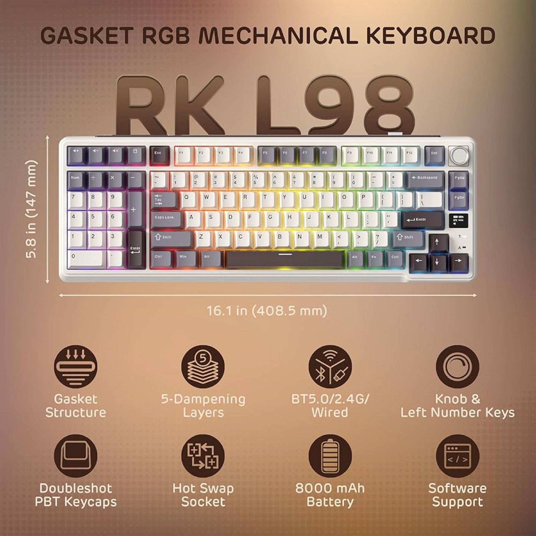 Royal Kludge RK L98 RGB Mechanical Keyboard, Cream Switch, Hot ...